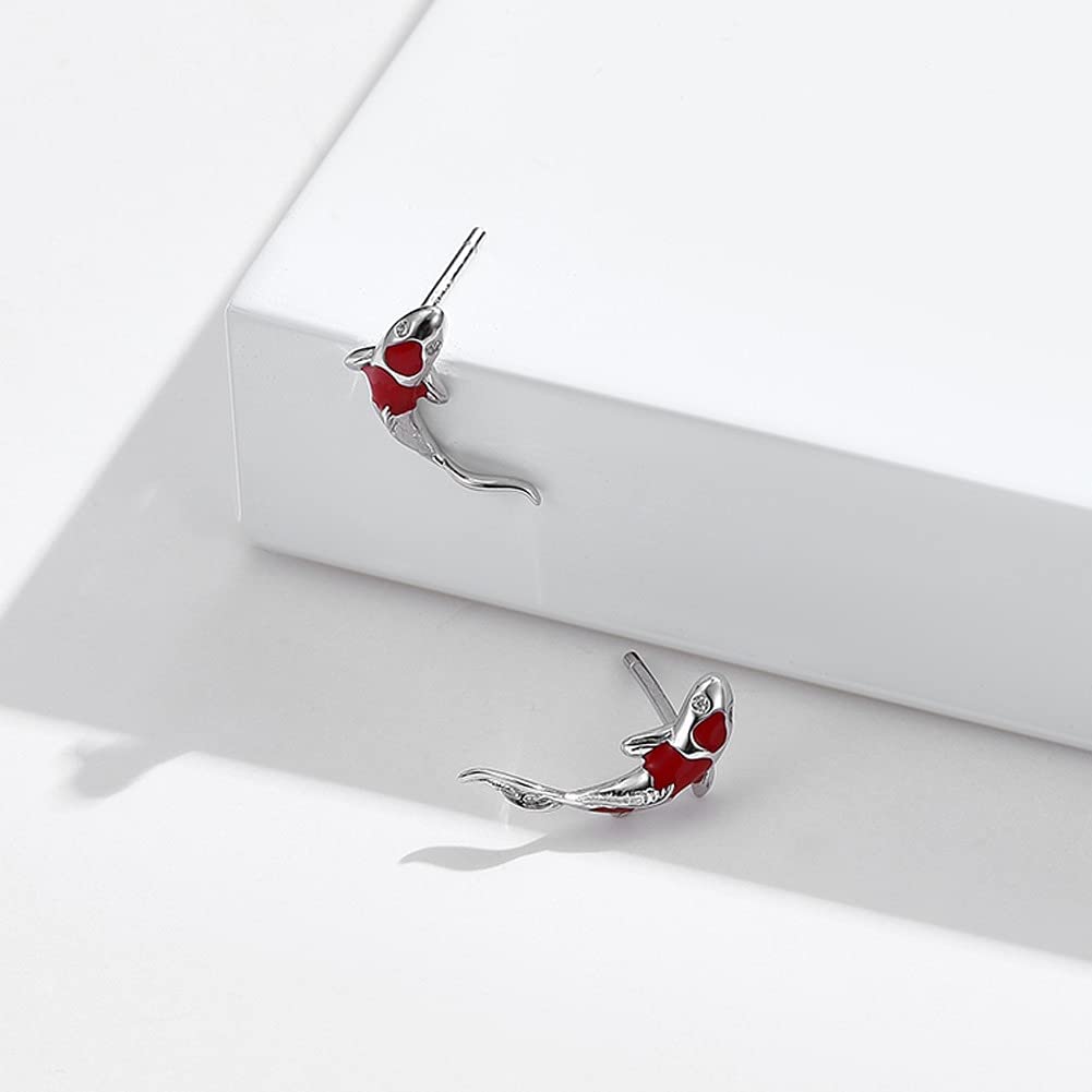 Rofeego S925 Sterling Silver Koi Fish Stud Earrings,hypoallergenic Red Carp Jewelry Gifts ﻿