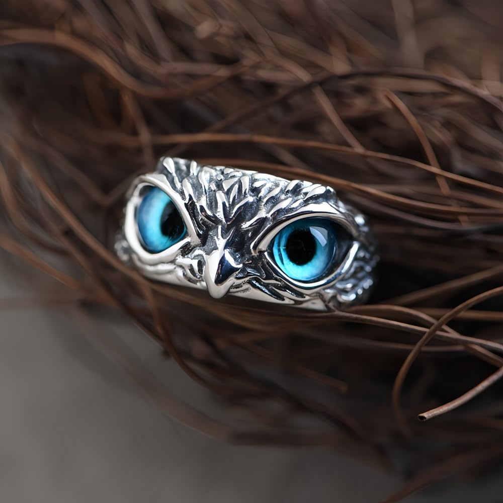 Retro 925 Sterling Silver Night Owl Head Ring with Blue Eyes for Men Women Open Adjustable