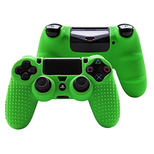 PS4 Controller Grips,Pandaren Studded Anti-Slip Silicone Cover Skin Set Compatible for PS4 /Slim/PRO Controller(Skin x 2 + FPS PRO Thumb Grips x 8)(Green, Purple)