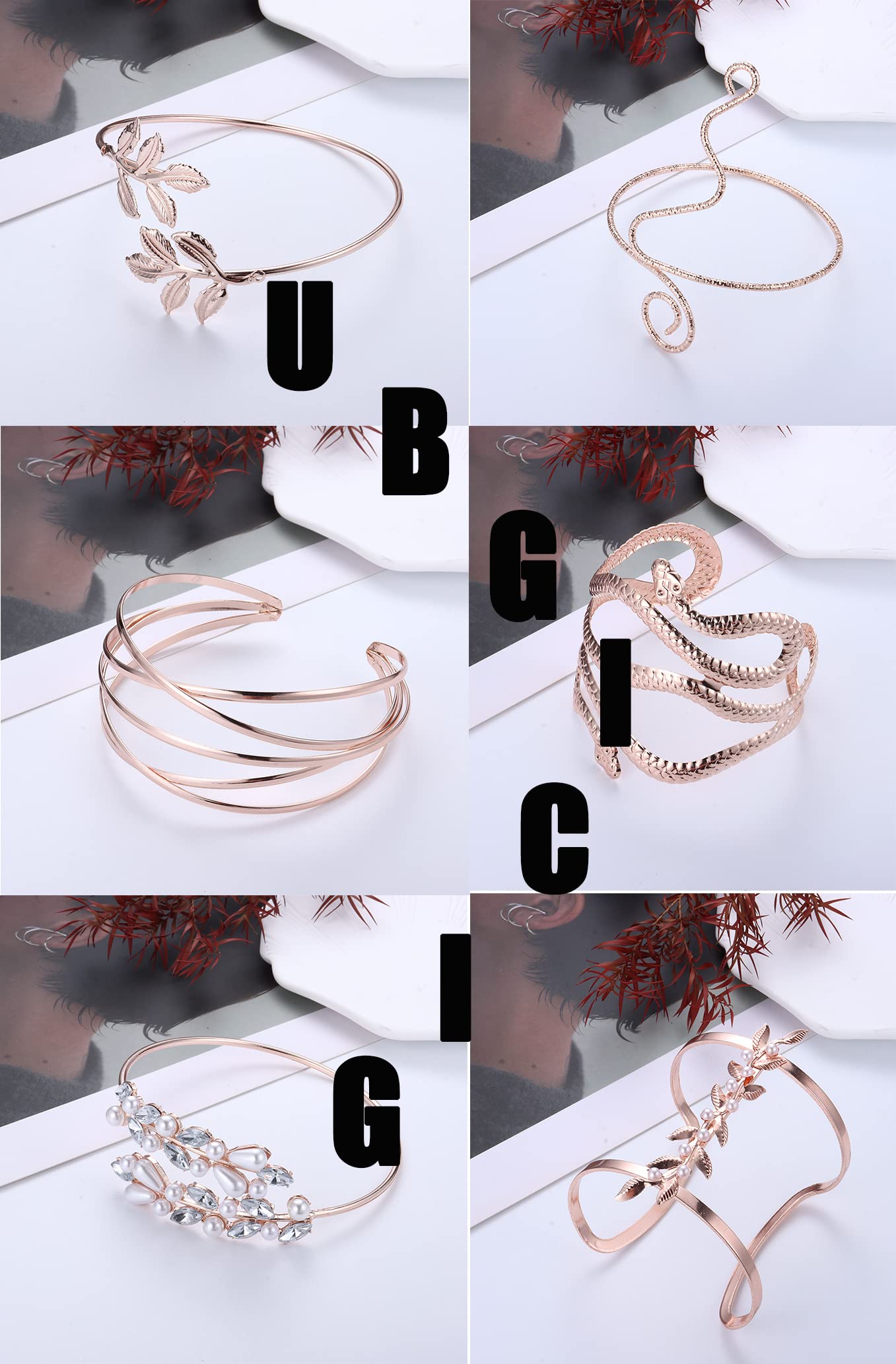 UBGICIG 6Pcs Arm Cuff Upper Arm Bangle Cuff Bracelet Open Arm Cuff Jewelry For Women Adjustable Armlet Armband Set Goddess Costume Accessories