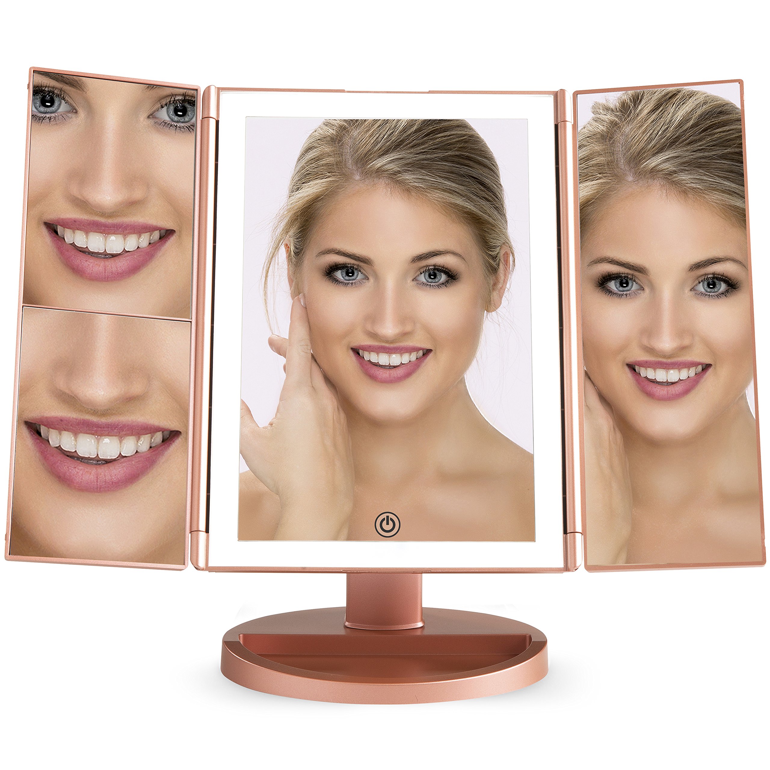 Prosper Beauty Lighted Makeup Mirror Vanity [LIT by 36 LED Lights Bright Natural Beauty Cosmetic Travel Trifold 1x/2x/3x Magnification USB Charging 180 Degree Adjustable Stand (Rose Gold)