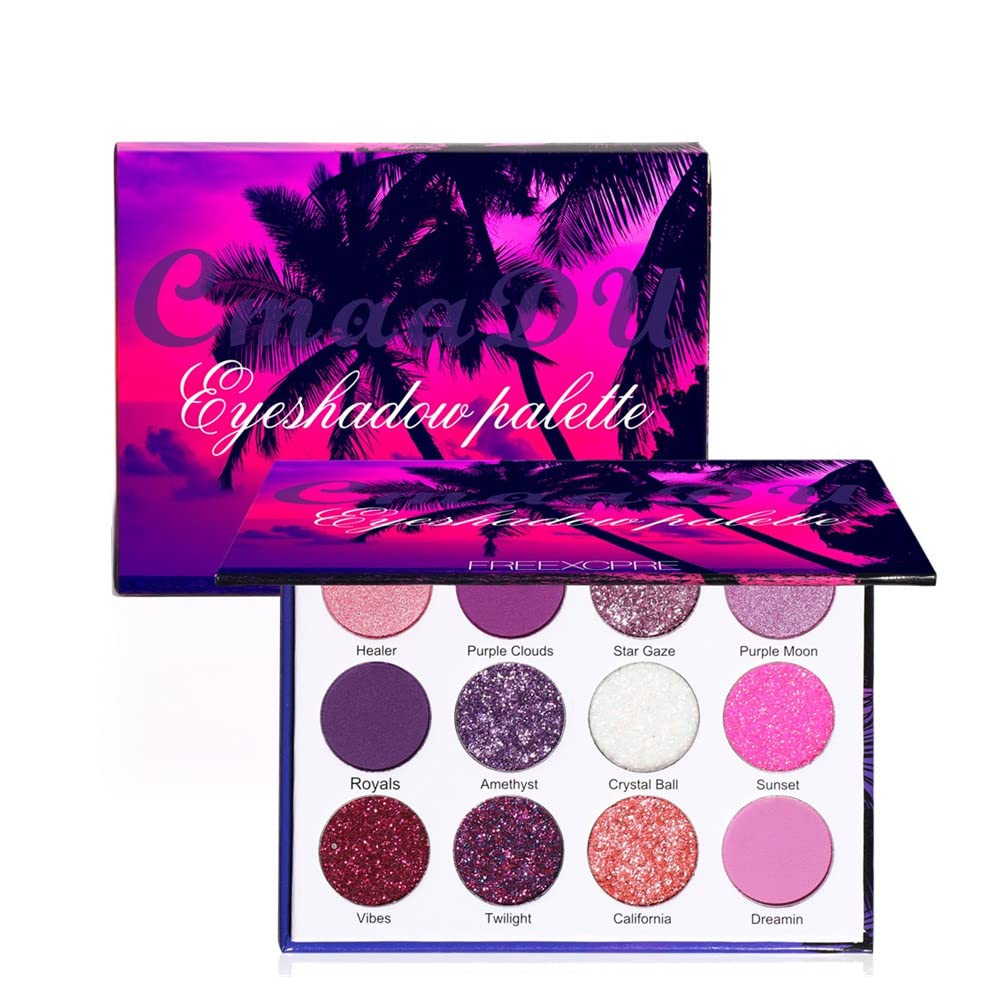 UOCK Purple matte shimmer eyeshadow palette, 12 colors glitter eyeshadow long lasting high pigment pink multi-color waterproof makeup palette