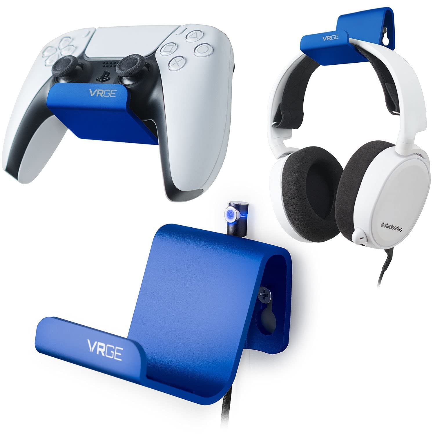VRGE - Magnetic Game Controller Wall Mount - Premium Anodized Aluminum USB Charging Station Stand and Charger Cable Cord Holder Mount For Sony PlayStation 5 4 Xbox Headphones - Blue Anodized