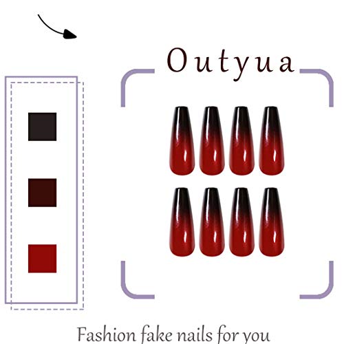 Outyua Halloween Red Black Press on Nails Ombre Coffin Fake Nails Long False nails with Designs Acrylic Witch Ghost Nails for Women and Girls 24Pcs (Red & Black)