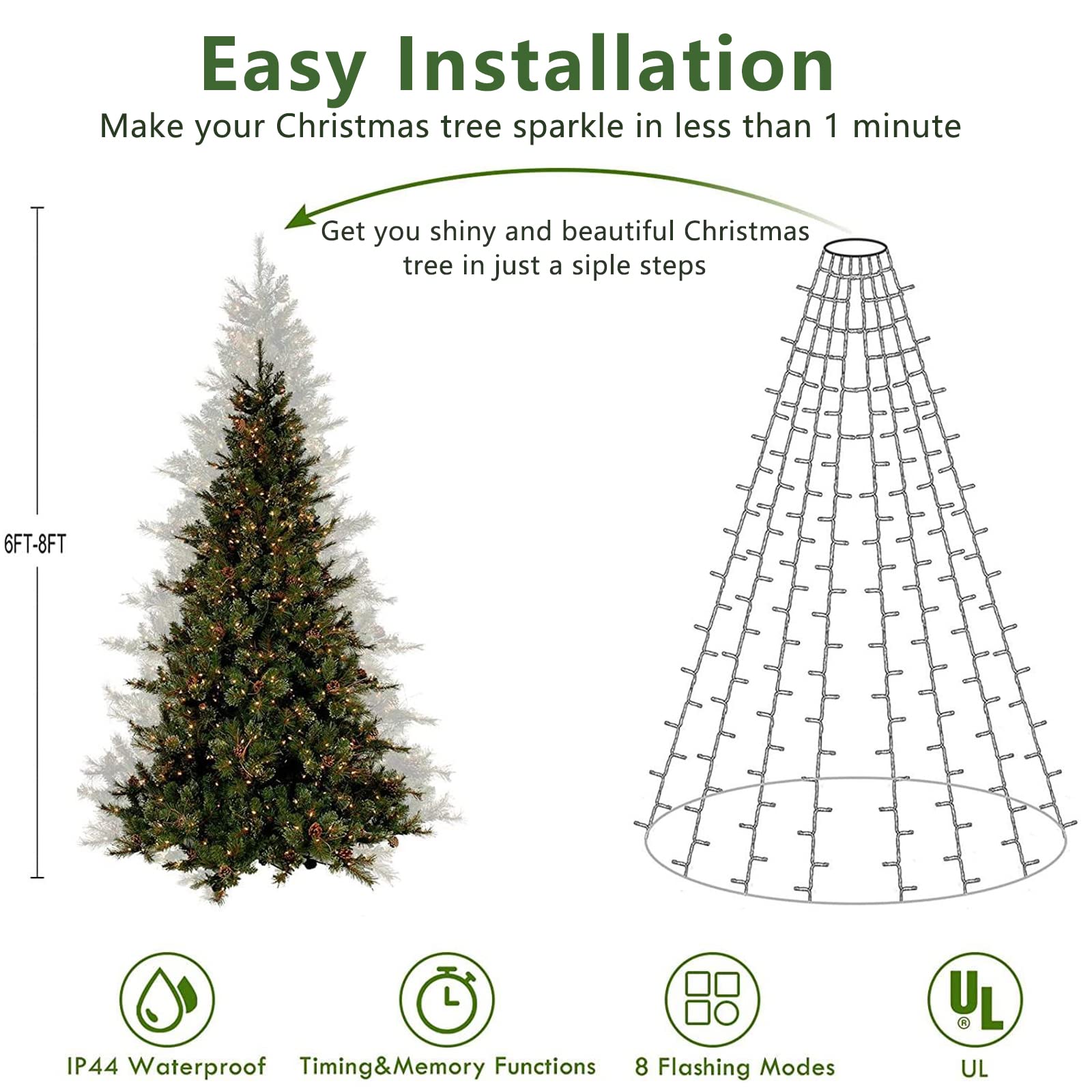 Renoliss 6.6FT x 8 Drop Lines Christmas Tree Waterfall Lights, 280 LED Christmas Lights Strings Indoor Outdor, 8 Modes Xmas Decorative Lights Plug in for 6FT- 8FT Xmas Tree Decorations (Warm White)