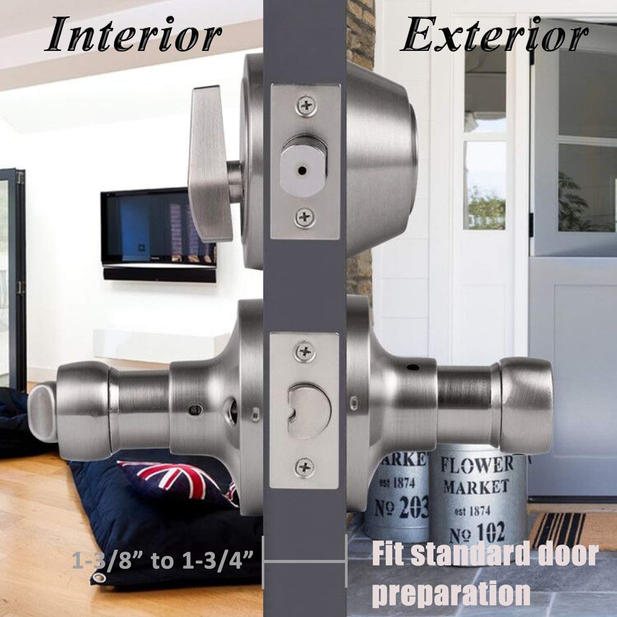 Probrico Drop Style Entry Door Handle Set with Single Cylinder Deadbolt in Satin Nickel Finish, Keyed Alike Lockset Handleset Combo Pack, Contemporary Style,2 Pack