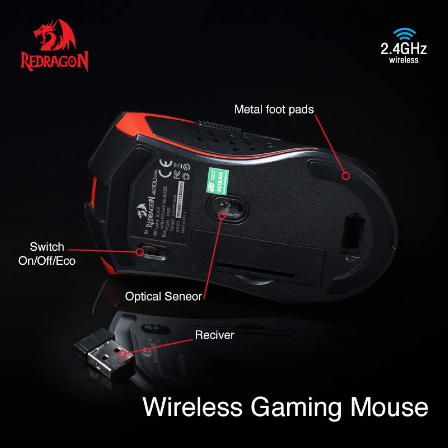 Redragon M692 Wireless Gaming Mouse RED LED Backlit MMO 9 Button Ambidextrous Programmable Cordless Computer Mice, Blade, 4800 DPI for Windows PC Gamer (Wireless Red LED Backlit)