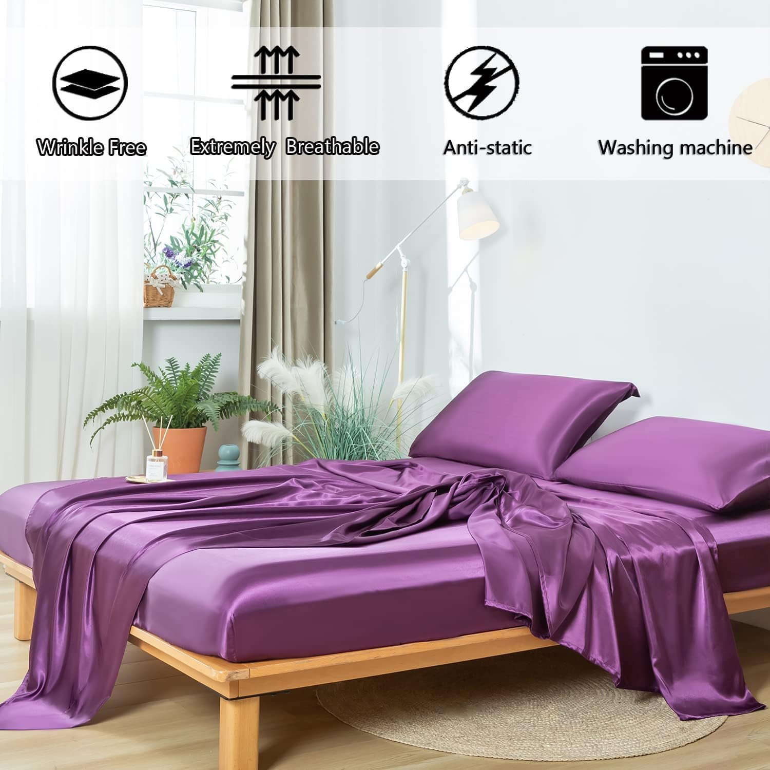 Revdomfly 4 Pcs Full Size Luxury Silky Soft Purple Satin Sheet Set,1 Premium Moisture Wicking Fitted Sheet Fits Up to 16 Inches Deep Pocket + 1 Flat Sheet + 2 Pillowcases(Purple, Full)
