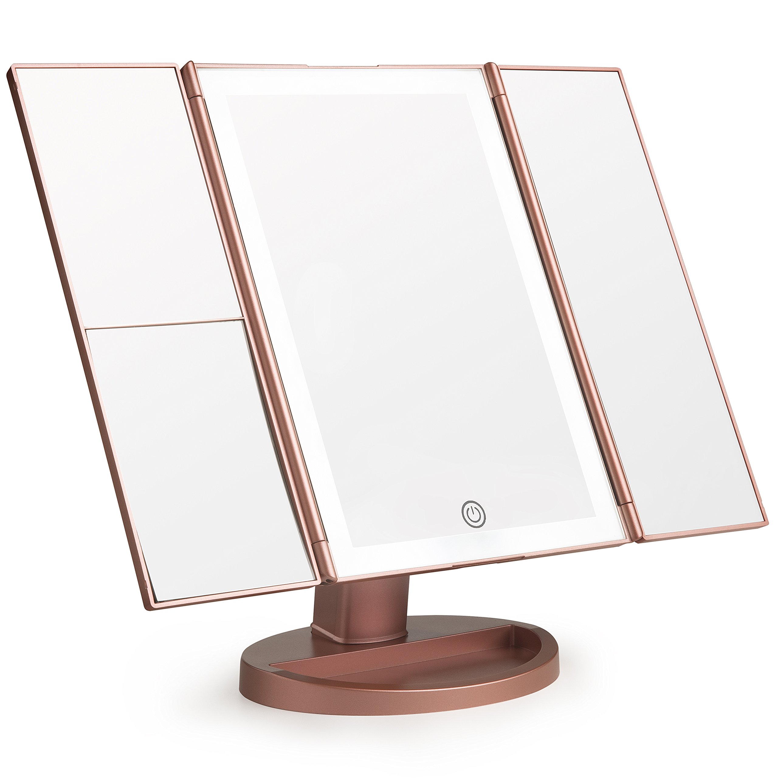 Prosper Beauty Lighted Makeup Mirror Vanity [LIT by 36 LED Lights Bright Natural Beauty Cosmetic Travel Trifold 1x/2x/3x Magnification USB Charging 180 Degree Adjustable Stand (Rose Gold)