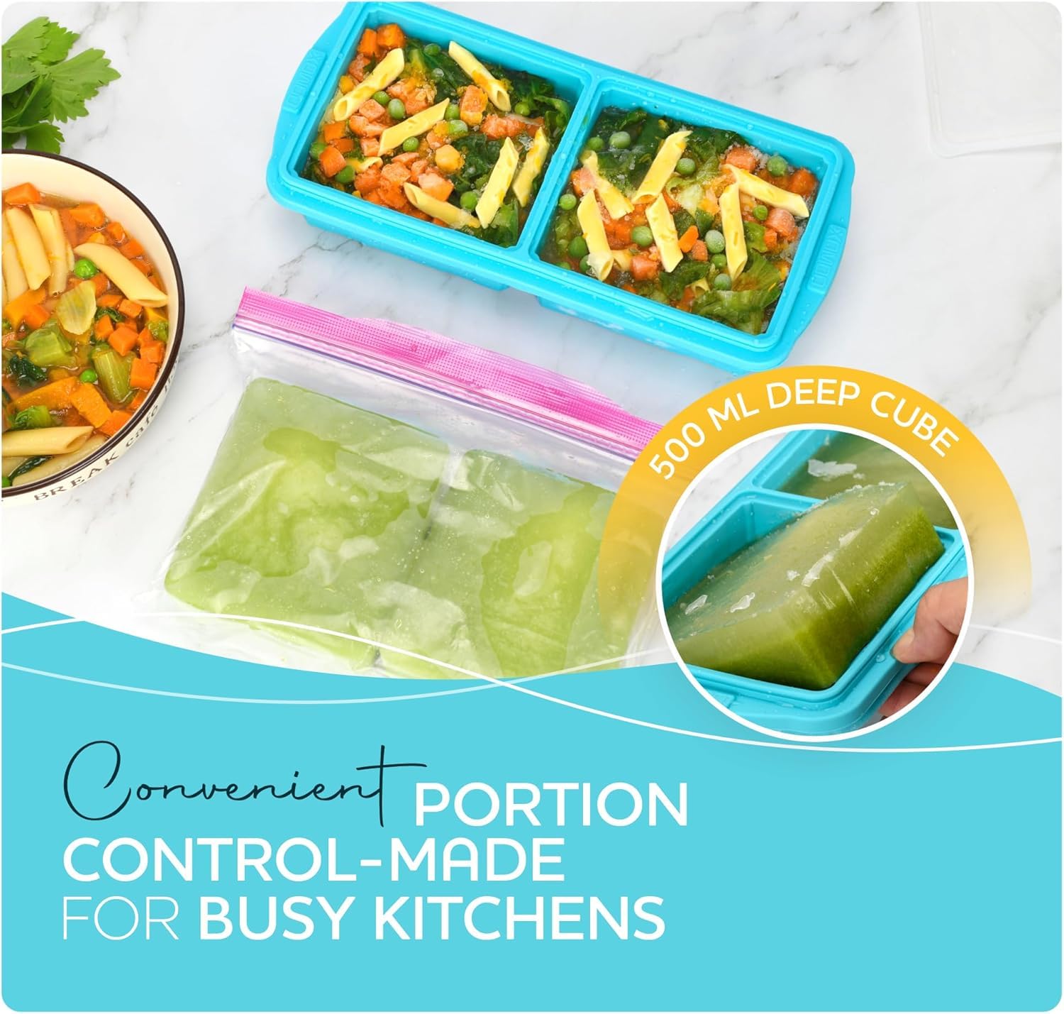 XOMOO Silicone Freezer Tray With Lid-Soup Freezer Container molds-2-cup Extra Large Ice Cube Tray-makes 4 perfect 500ml portions cubes, For freezing soup,stews,sauces.Oven&Dishwasher-Safe(2-Pack)