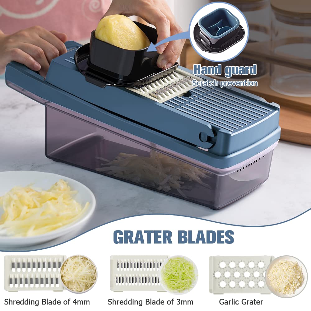 OuYteu Vegetable Chopper Dicer Onion Chopper, 15 in 1 Food Chopper Fruits Cutter with 7 Stainless Steel Blades, Adjustable Slicer, Vegetable Cutter with Drain Rack Storage Container, Kitchen Gadget