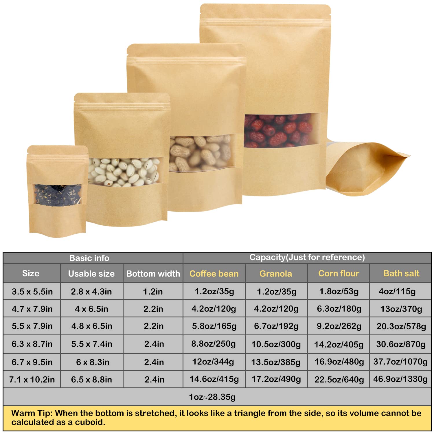 Stand Up Pouch Bags, 100 Pack Kraft Pouch with Tear Notch and Matte Window, Resealable Zip Lock Food Storage Bag (4.7IN X 7.9IN)