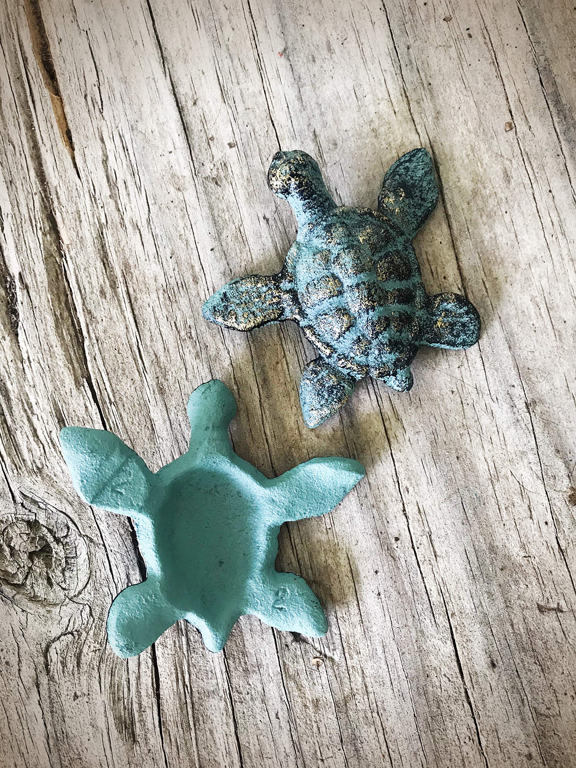 Set of Patina Green & Gold Turtle Garden Figures - Cast Iron Statue for Patio Planter or Pot Accent