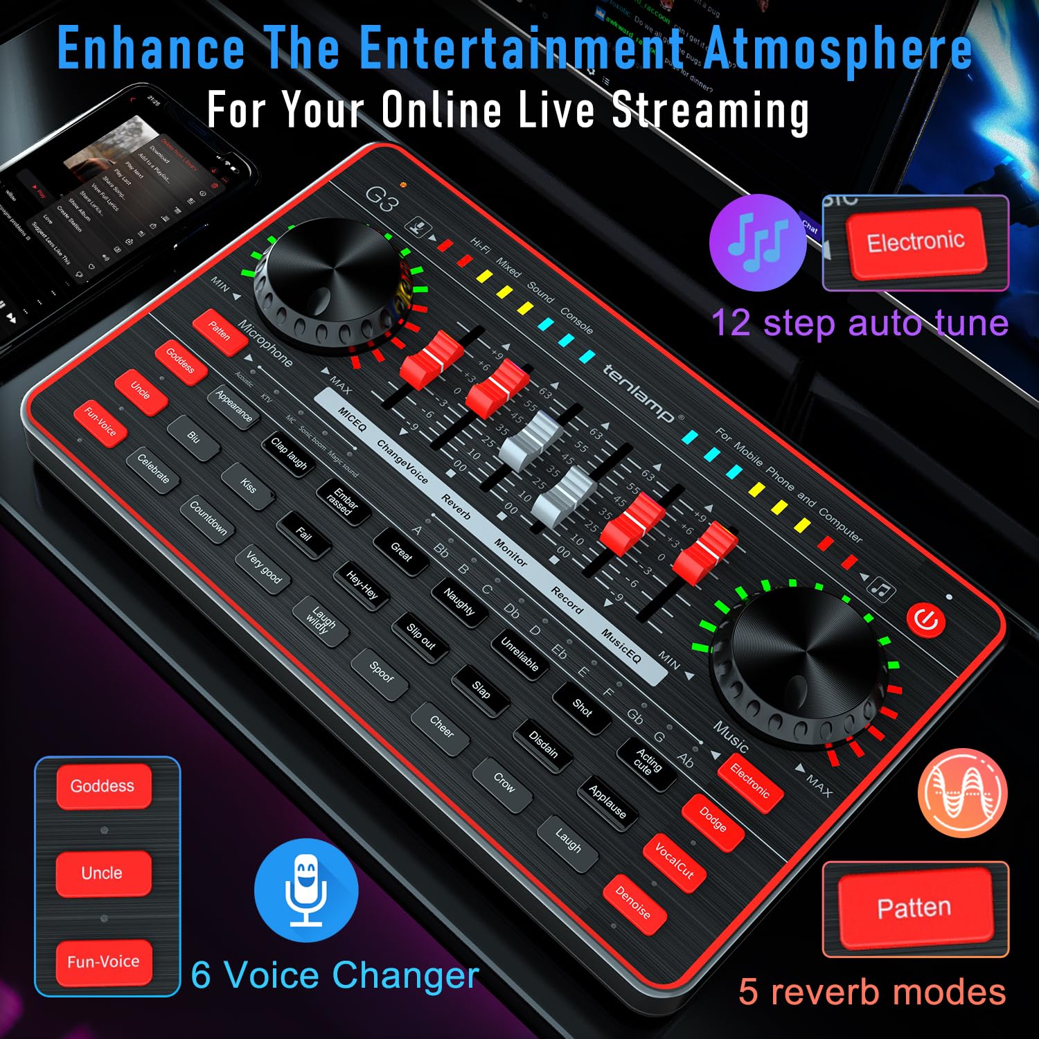 Podcast Microphone Sound Card Kit,Professional Studio Condenser Mic&G3 Live Sound Mixer/Voice Changer/Audio Interface for Streaming Recording/Singing/Tiktok/YouTube/PC