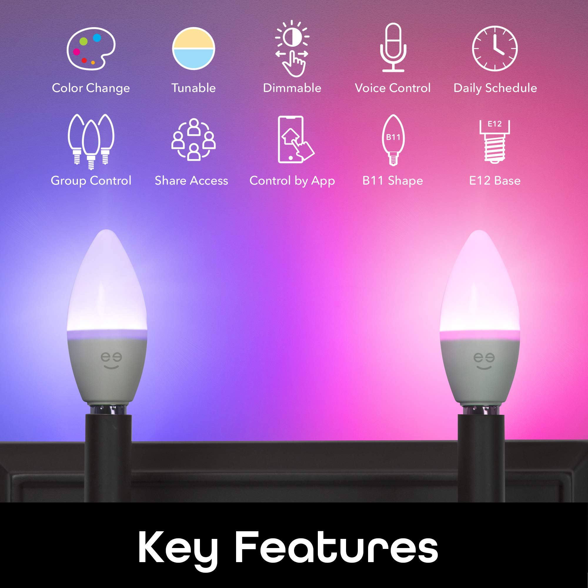 Prisma Plus E12 B11 Candle Wi-Fi Smart Bulb - 40W Color and Tunable White Smart (4-Pack)