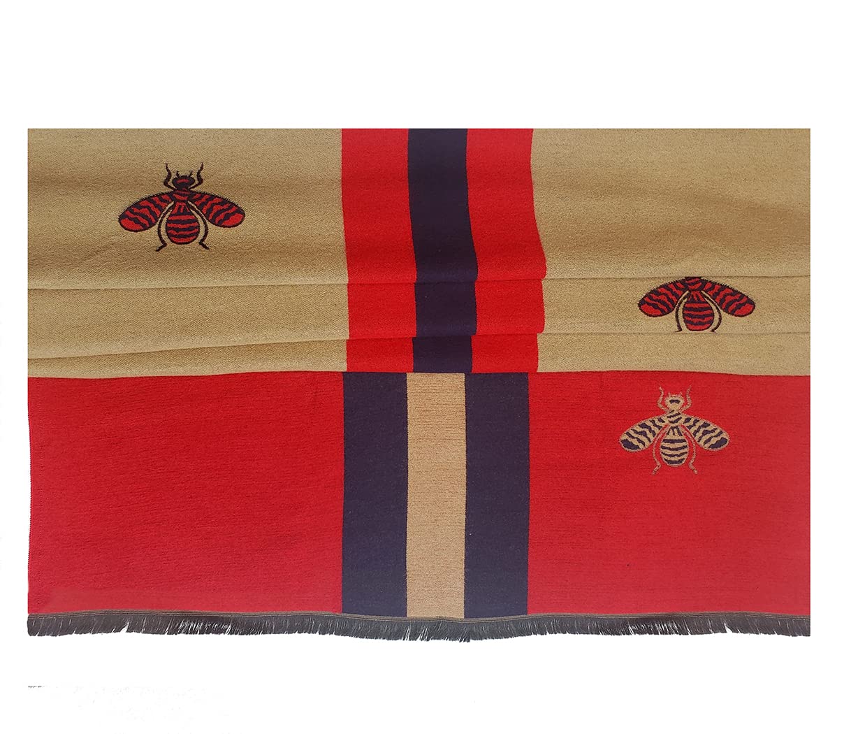 Rosemarie & Jubalee Women's Chic Reversible Navy Tan And Red Designer Bee Fashion Wrap Scarf, 72"