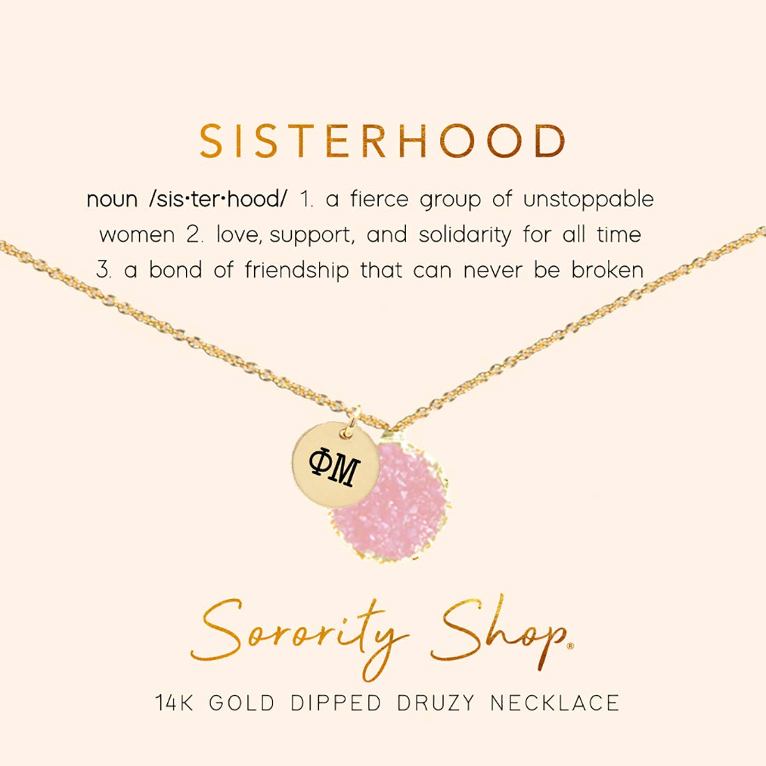 Sorority Shop PM Necklace - Phi Mu Pink Druzy Gemstone Necklace With Engraved Pendant – 14K Gold Dipped Jewelry with Pink Gemstone – Sorority Gift, Charm Paraphernalia