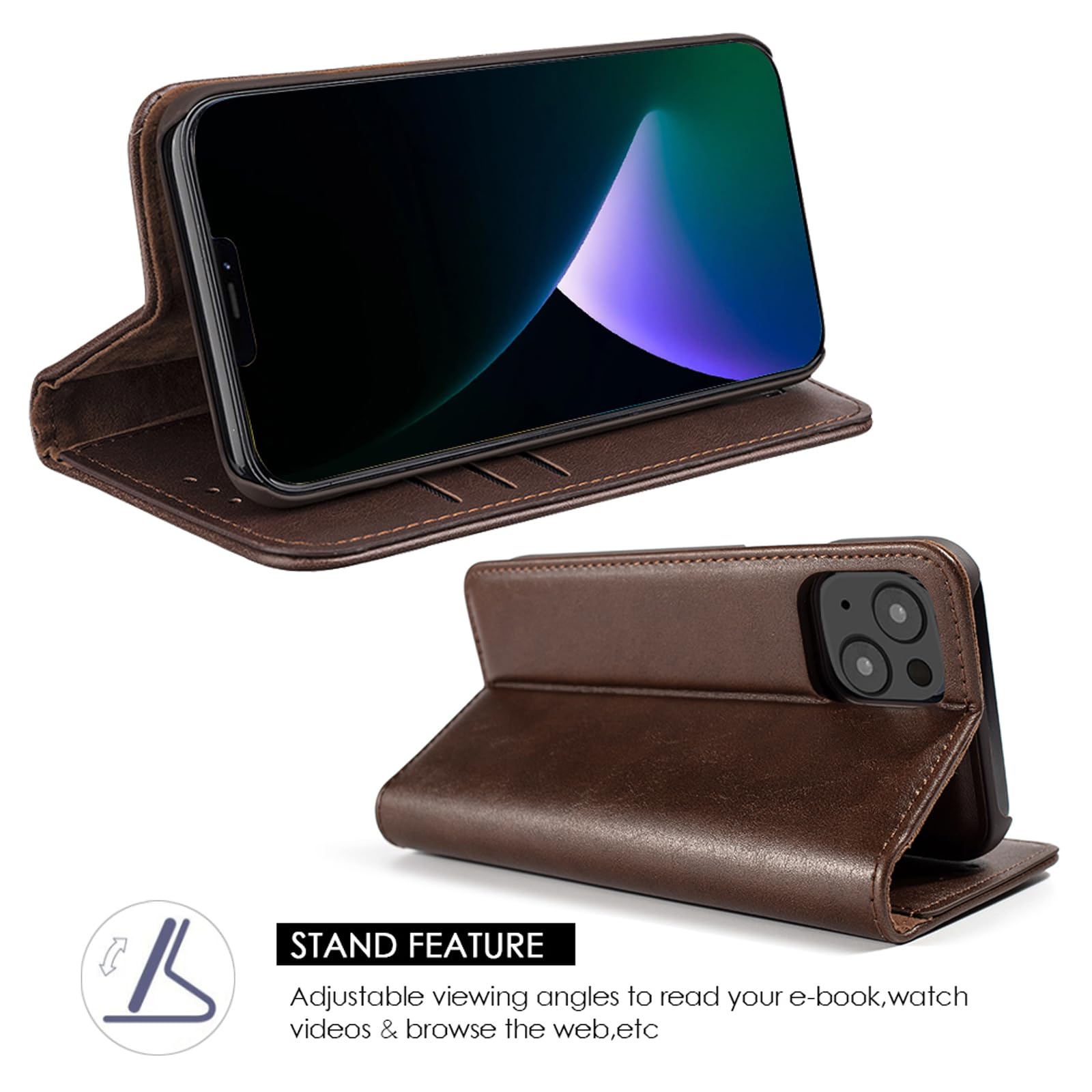 Professional 3 Card Slot Wallet Flip Cover with Removable Hard Shell Leather Back Cover for iPhone 15 Plus / 14 Plus (6.7") Brown