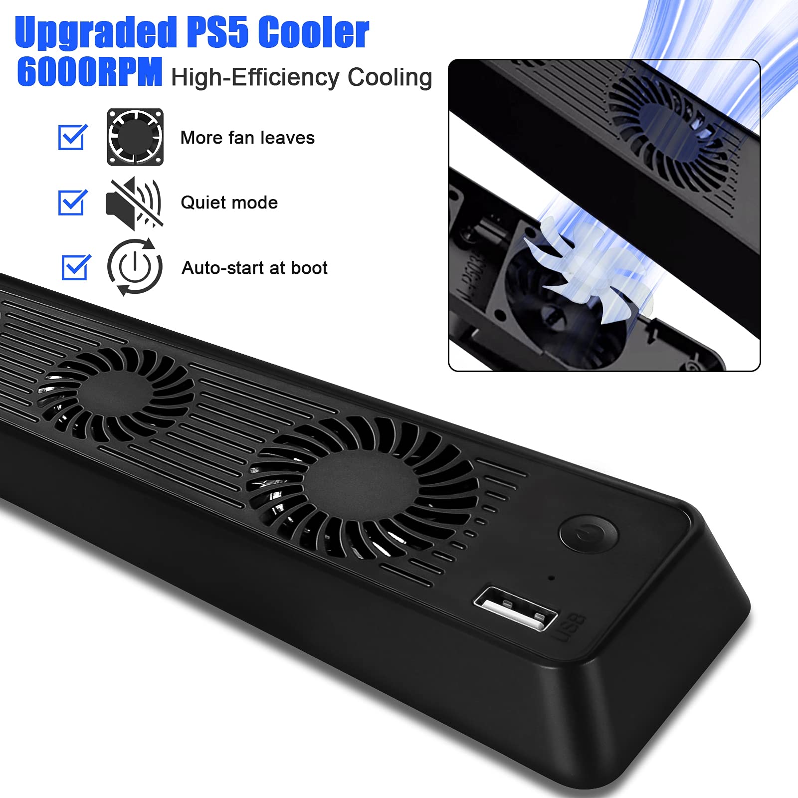 SIKEMAY PS5 Cooling Fan, PS5 Console Cooling Fan with USB Port, PS5 Cooler with Three 6000-Speed Fans, Self-Starting Cooling Fan for PlayStation 5 Console Accessories
