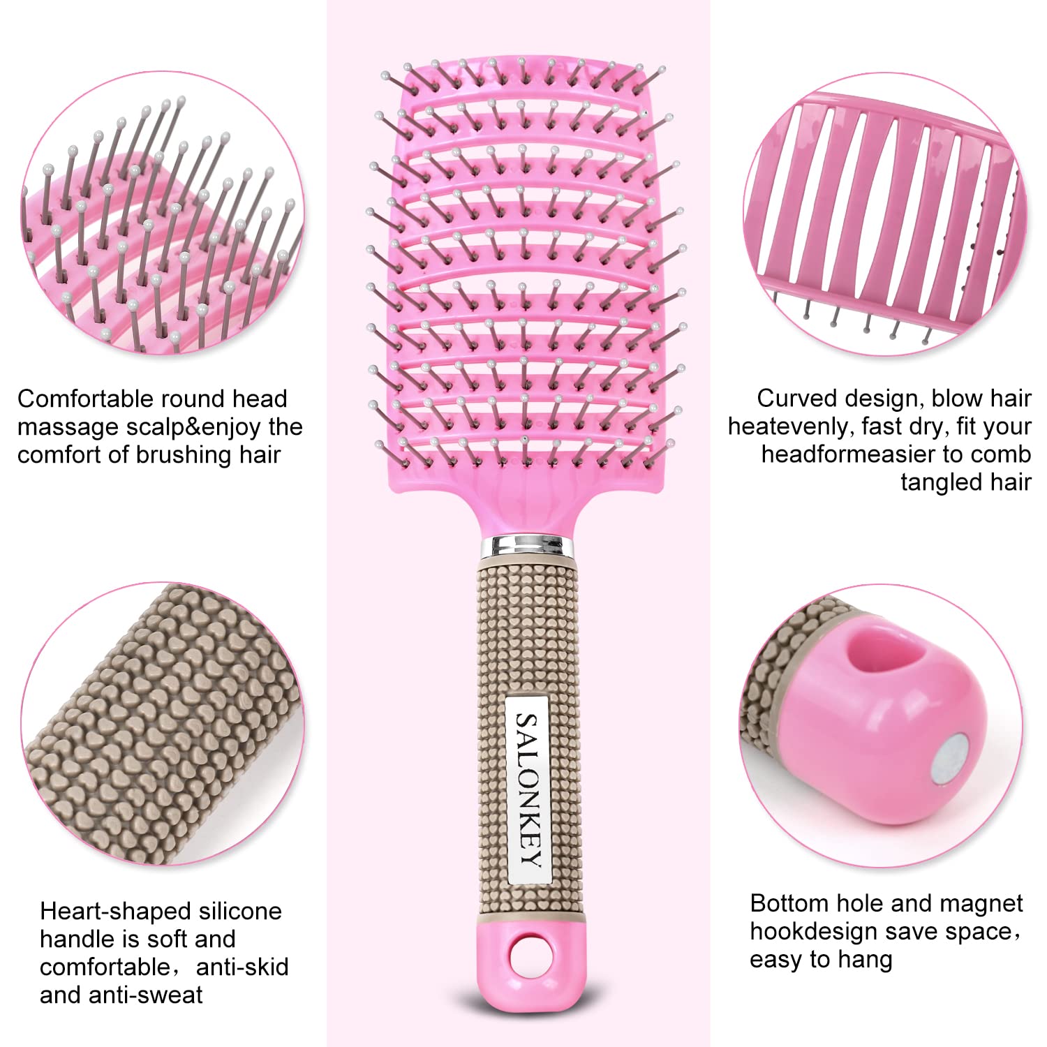 Professional Curved Vented Styling Hair Brush Barber Hairdressing Styling Tools Fast Drying Hair Detangling Massage Brushes (Pink)