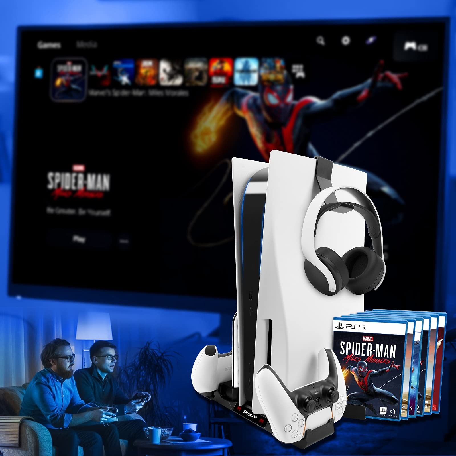 SIKEMAY PS5 Slim Stand Cooling Station for PlayStation 5 Slim Console Vertical Accessories with 2H Fast Dual Controller Charging and Silent Fan (White+Black)