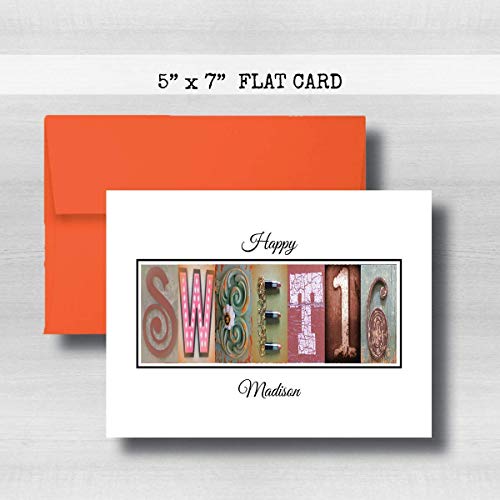 Personalized Sweet 16 Birthday Card, 5" x 7" FLAT CARD, Rose Gold Greeting Cards,