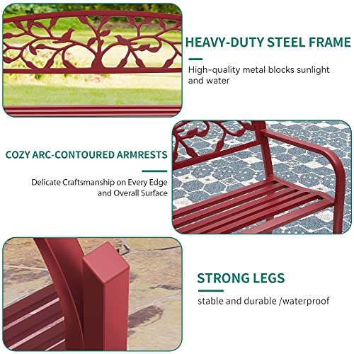 YITAHOME Outdoor Bench 50" Metal Bench Bird Pattern Patio Bench with Backrest and Armrest for Porch Lawn Balcony Backyard and Indoor Red