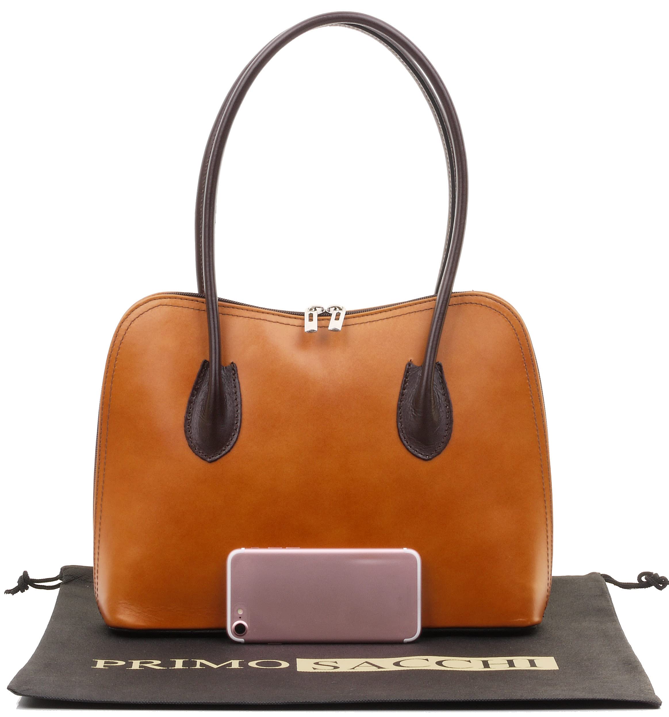 PRIMO SACCHI Italian Smooth Tan Brown Leather Classic Long Handled Handbag Tote Grab Shoulder Bag