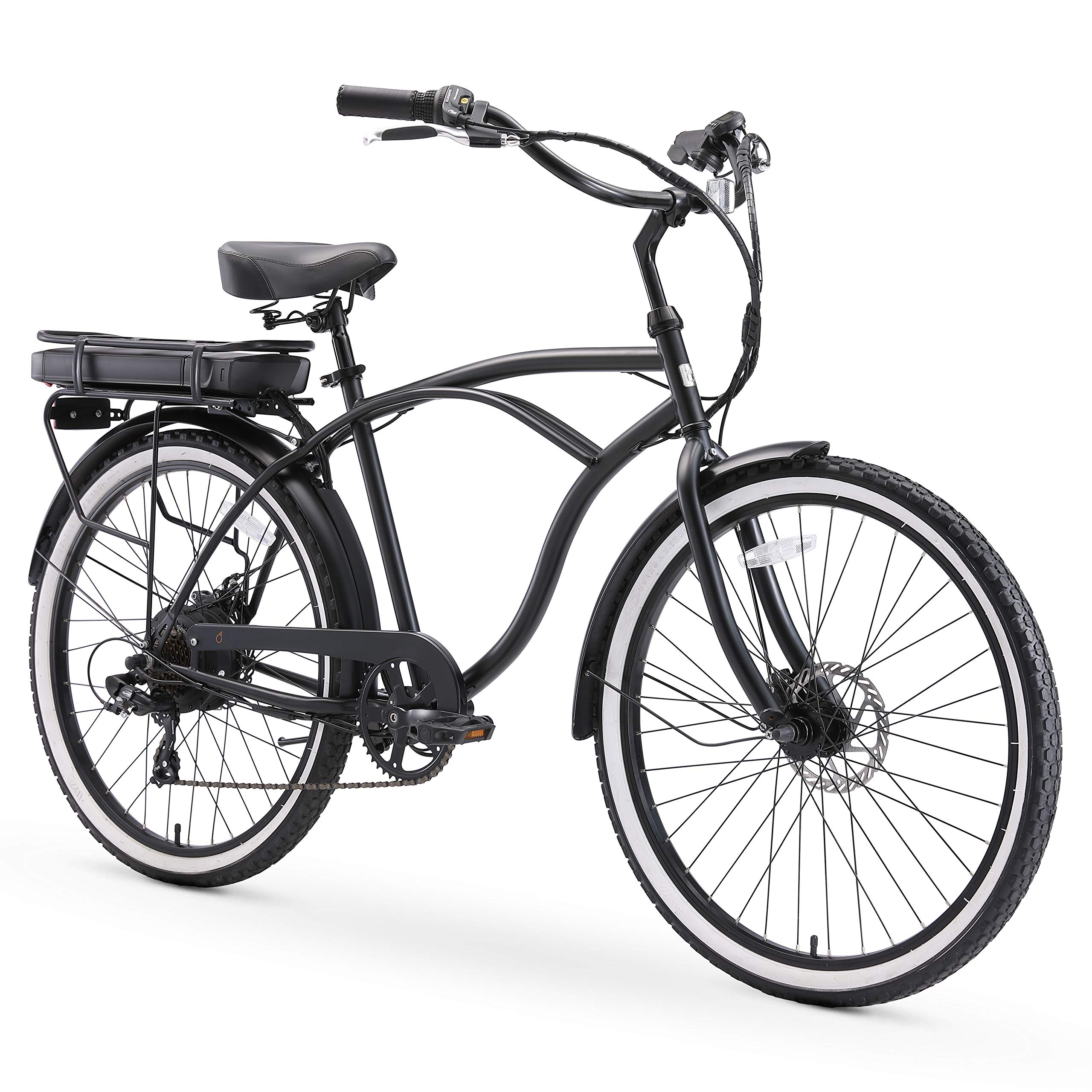sixthreezero Around the Block Men's Electric Bicycle, 7-Speed Beach Cruiser eBike with Rear Rack, 500/250 Watt Motor, 26 Inch Wheels