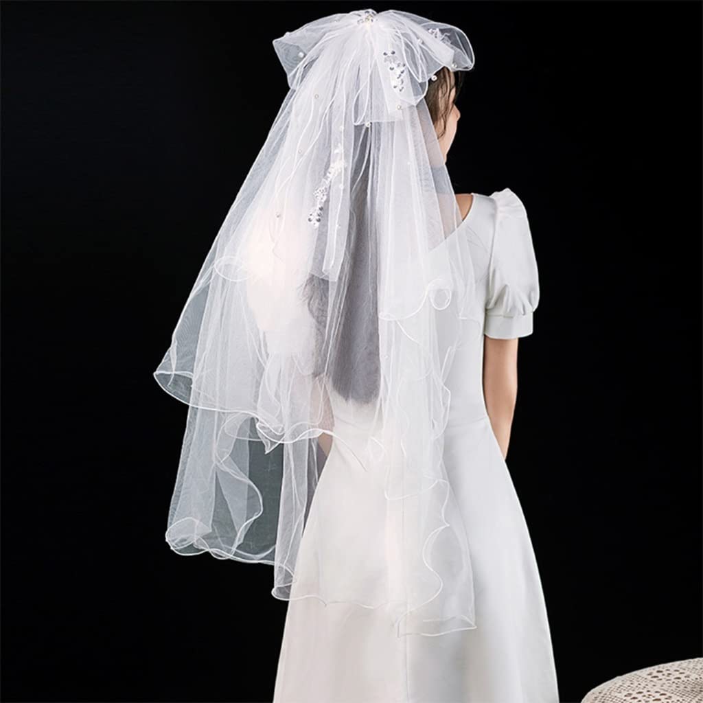 ZLXDP Wedding Veil with Big Bow Hair Accessories for Brides Multi-Tier White Sheer Tulle Curly Edge Short Length Headwear