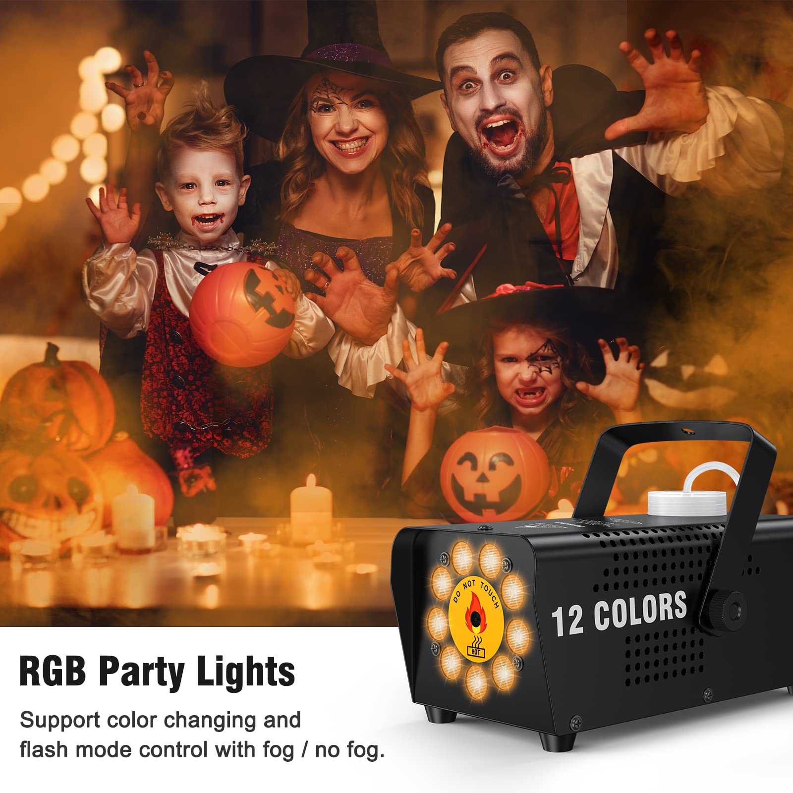 Transifun Fog Machine Outdoor with 9 Lights, 500W Smoke Machine for Halloween, Party, Wedding, Remote Control 12 Colors & Flash Mode, One Key to Get Continuous Fog, 2500CFM