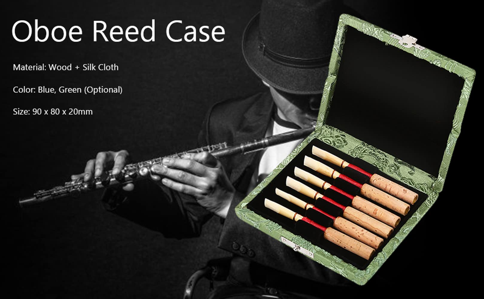 Oboe Reed Case,Protect Against Moisture Wooden + Silk Cloth Cover Reed Case Holder Storage Box for 6pcs Oboe Reeds Maple Wooden (Green)