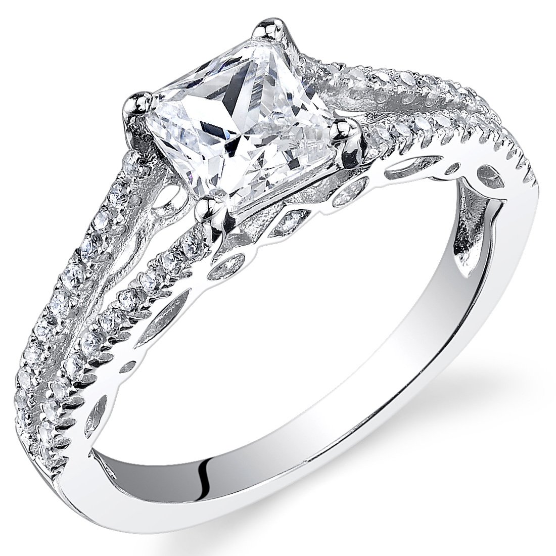 PEORA 1.29 Carats Sterling Silver Halo Design Princess Cut Cubic Zirconia Engagement Ring Size 7, Available In Sizes 5 To 9