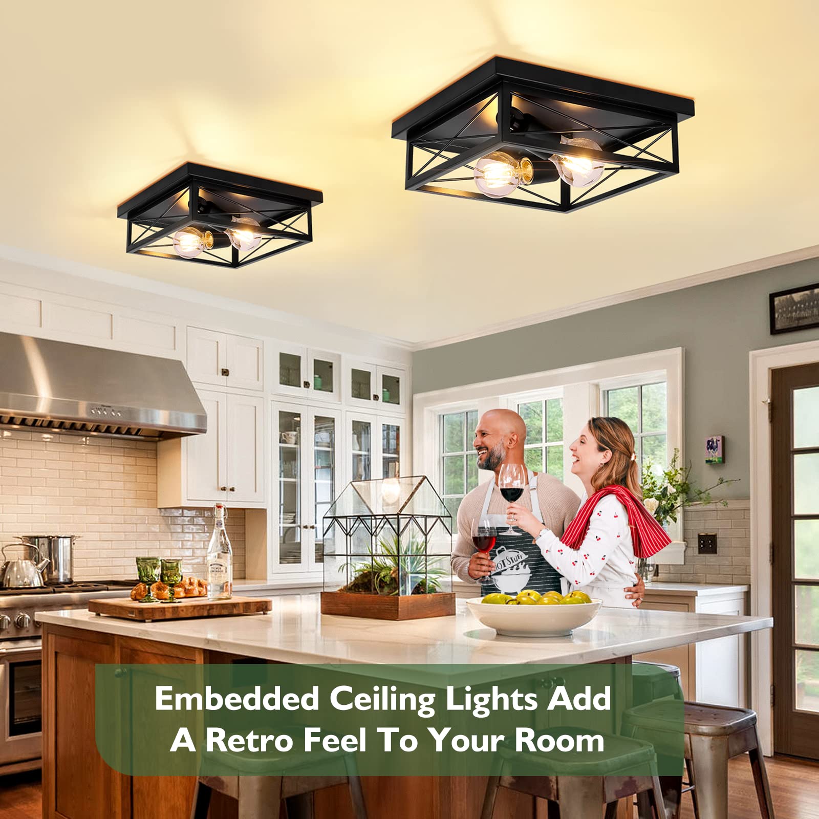ONELEJA Black Rustic Flush Mount Ceiling Light Fixture, 2 lights Industrial Square Metal Cage Farmhouse Ceiling Light for Hallway Entryway Kitchen Bedroom Porch