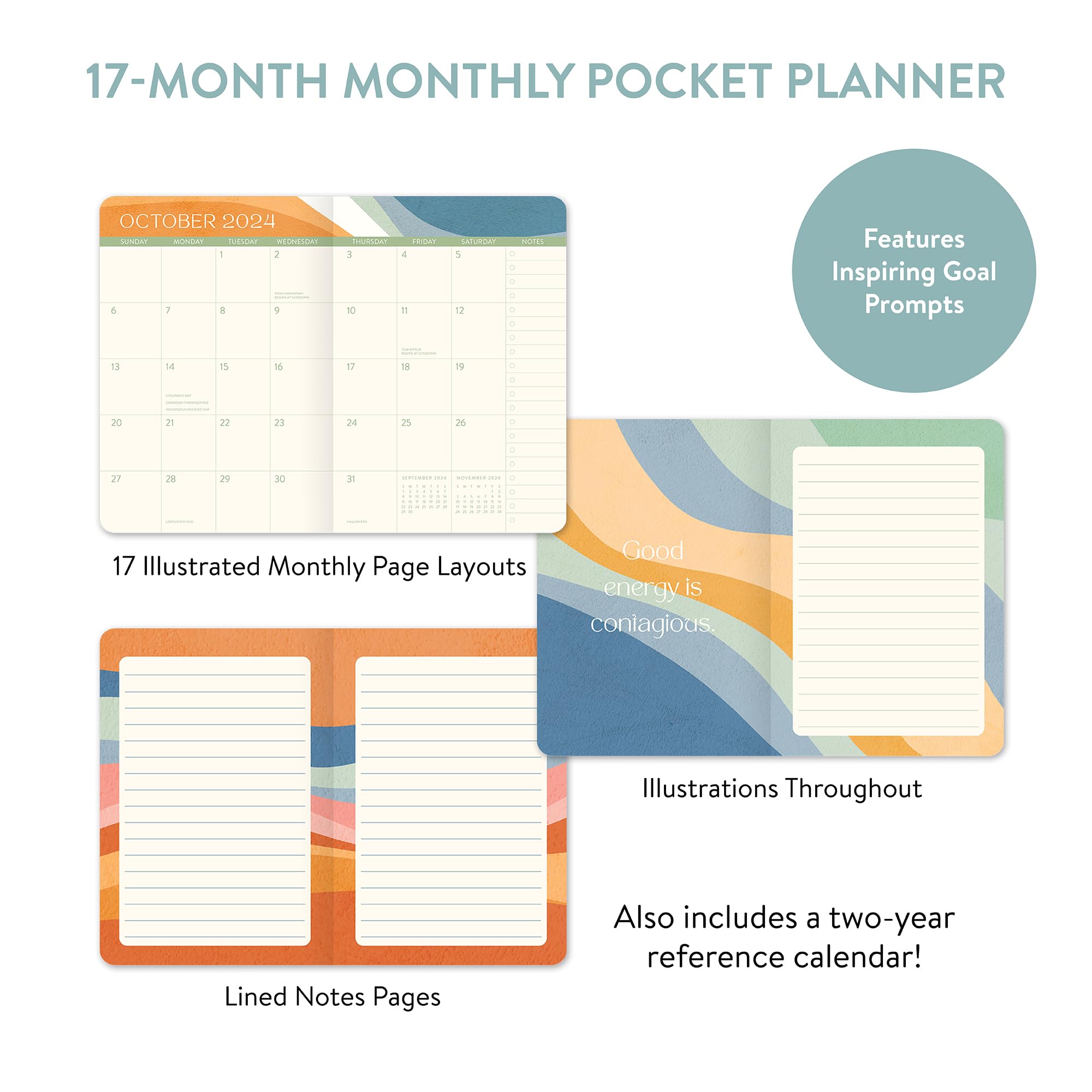 Orange Circle Studio Planner 2024, Weekly & Monthly Calendar, To Do List Notepad, Appointment Book, Budget & Goal Tracker, Small Pocket 17-Month Agenda for School/Work, Rainbow Waves