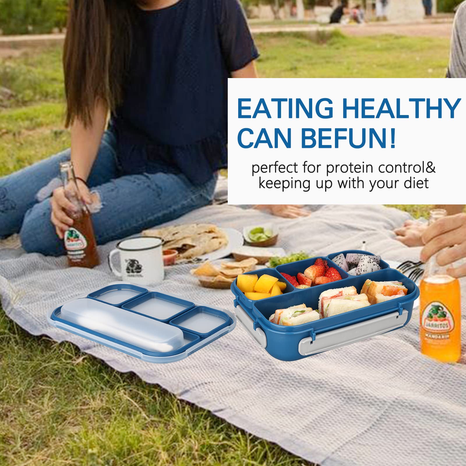 Ylebs Bento Box 1300ML Bento Lunch Boxes For Adults,4 Compartment Lunch Containers With Spoon & Fork,Microwave & Dishwasher & Freezer Safe,BPA Free (Blue)