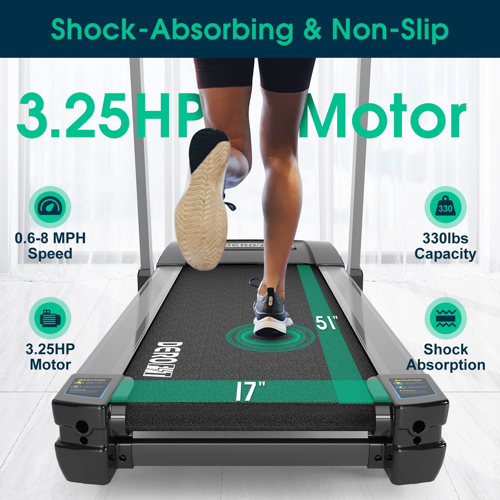 Treadmill with Auto Incline 300+ lb Capacity,DEROFIT Home Use Treadmill with Shock Absorbing Folding Running Machine for Home Gym,51βx17β Running Deck,12 Preset Programs,3.25 HP Electric Treadmill
