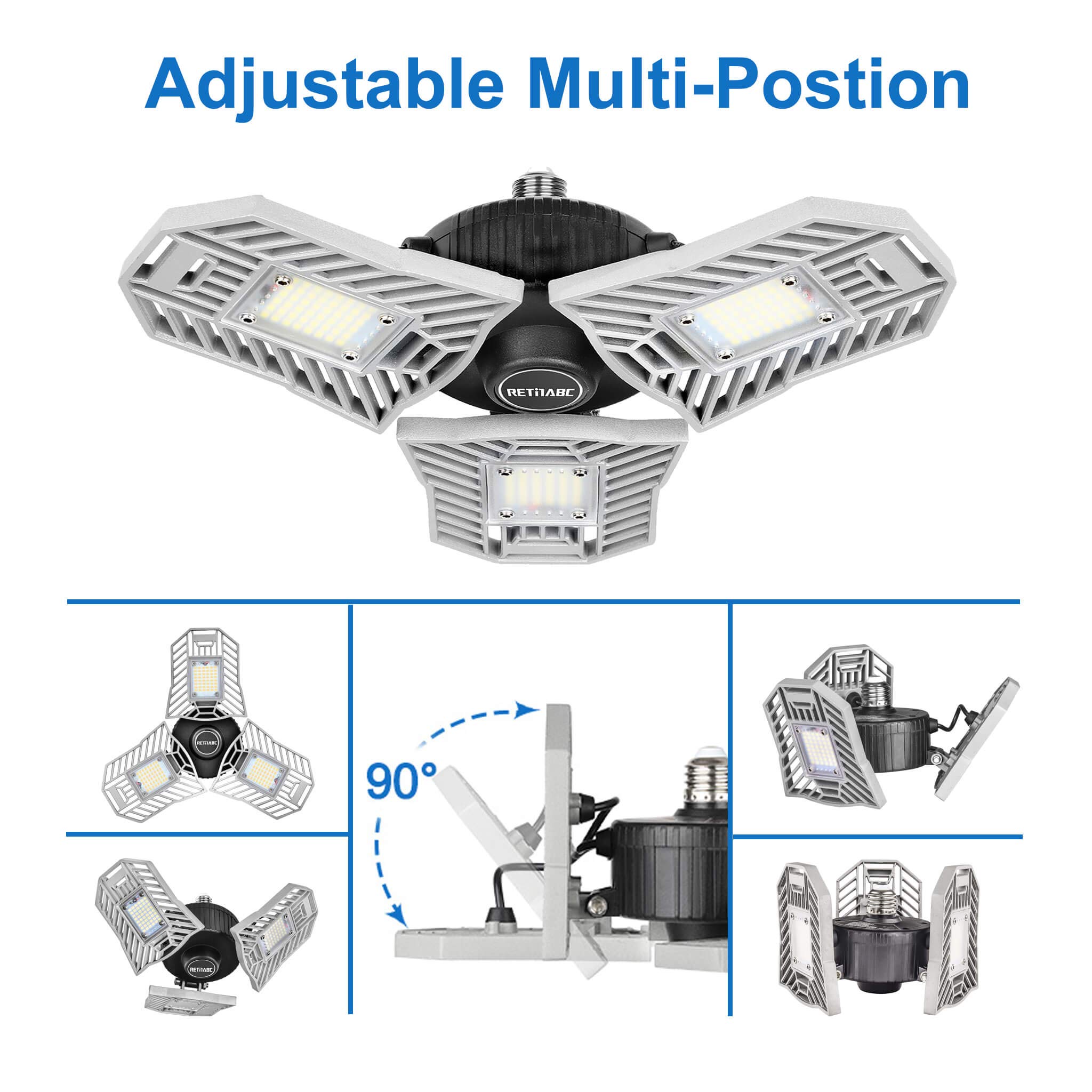 Retinabc B07ZWPDJJD-M Deformable, 60W 6000LM 6000K, E26 LED Bulb Shop Light for Garage, Ceiling Basement, Workshop, Warehouse (No Motion Activated), Silver …