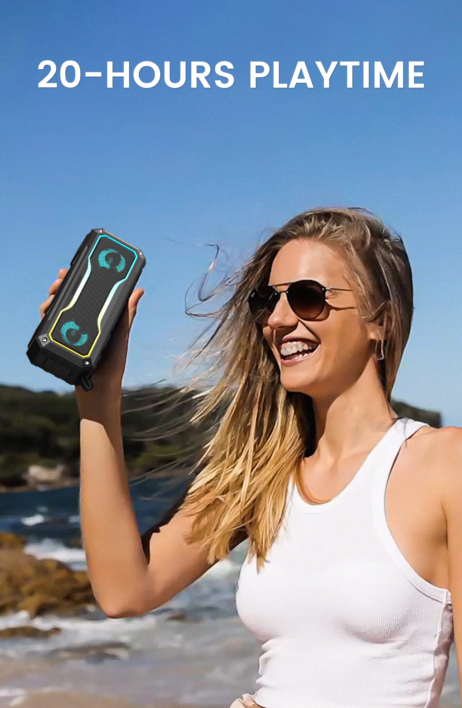 soundynamic Portable Bluetooth Speaker, Twinkle Wireless Speaker with 20H Playtime, Low Bass, IPX7 Waterproof, True Wireless Stereo Pairing, Mixed Colors Lights for Home, Party, Beach, Travel - Black