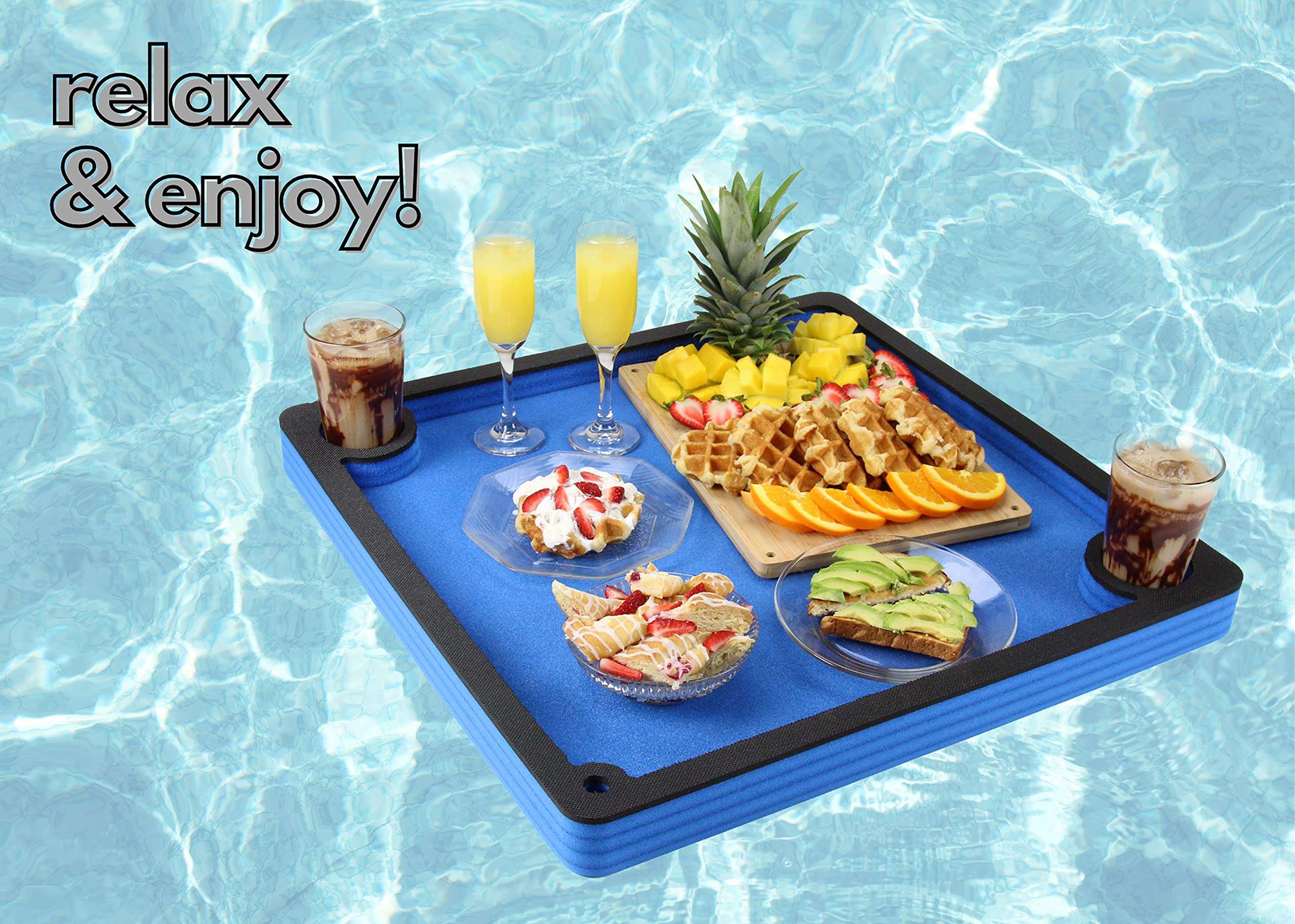 Polar Whale Floating Breakfast Table Serving Buffet Blue and Black Tray Drink Holders for Swimming Pool or Beach Party Float Lounge Refreshment Durable Foam UV Resistant with Cup Holders 24 Inches