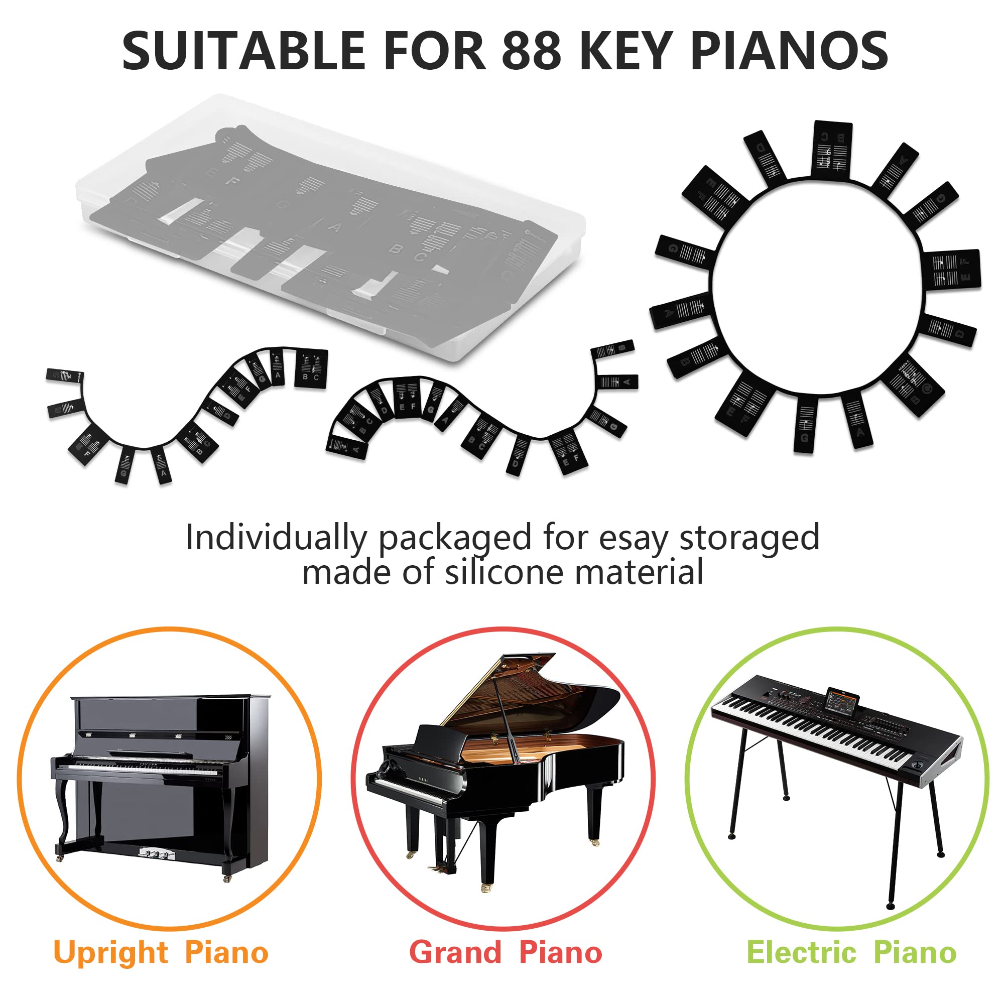 YUBIRD Removable Piano Keyboard Note Labels - Piano Keyboard Stickers, Piano Notes Guide Removable, Silicone Piano Key Labels Removable for Beignner,88 Keys Full Size, Comes with Box(Classic Blackļ¼
