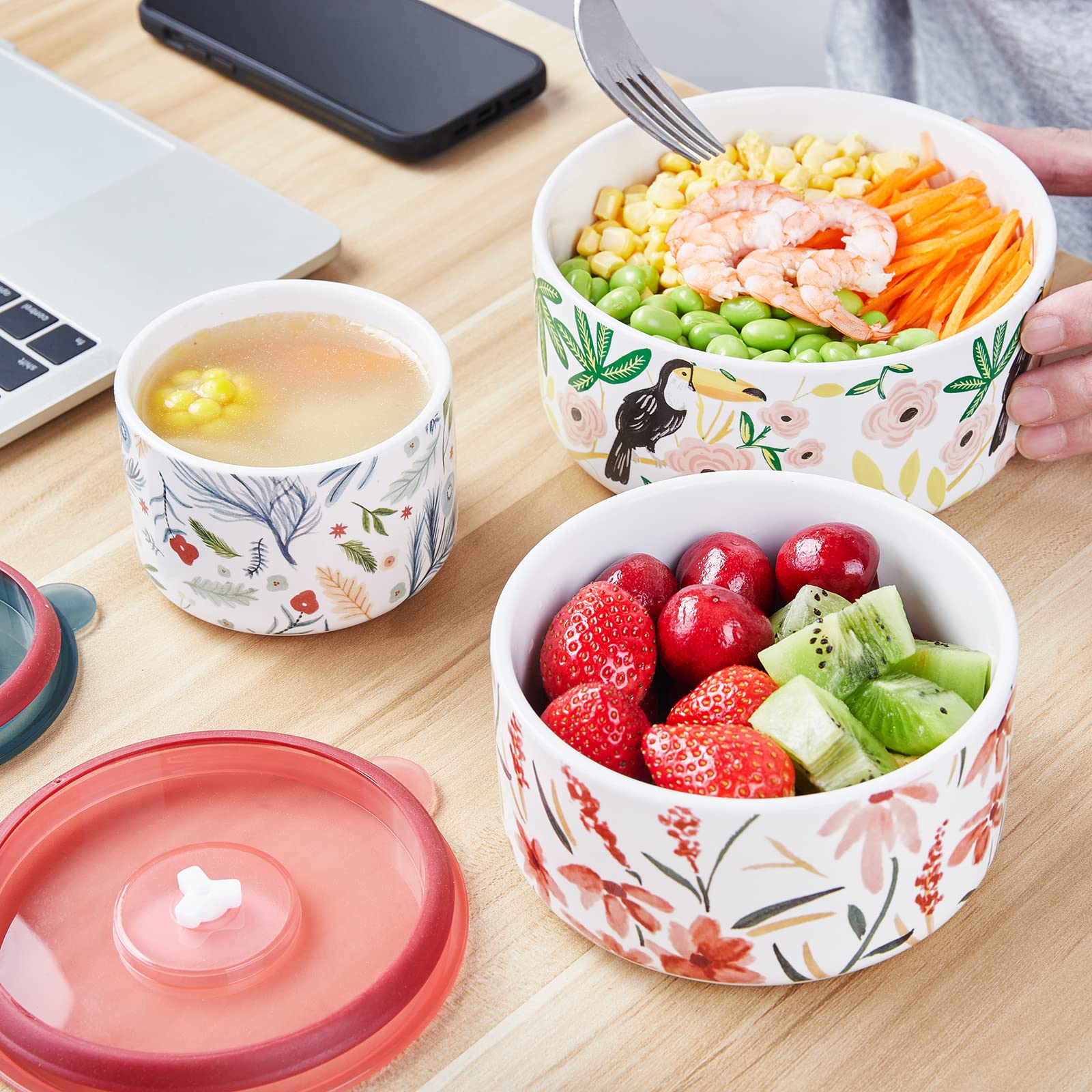 Thousandaynight Ceramic Containers with Lids, 3 Piece Serving Bowls Set, Microwave & Dishwasher Safe, For Soup, Salad, Rice, Cereal, Breakfast, Dinner, Serving, Oatmeal (Pink)
