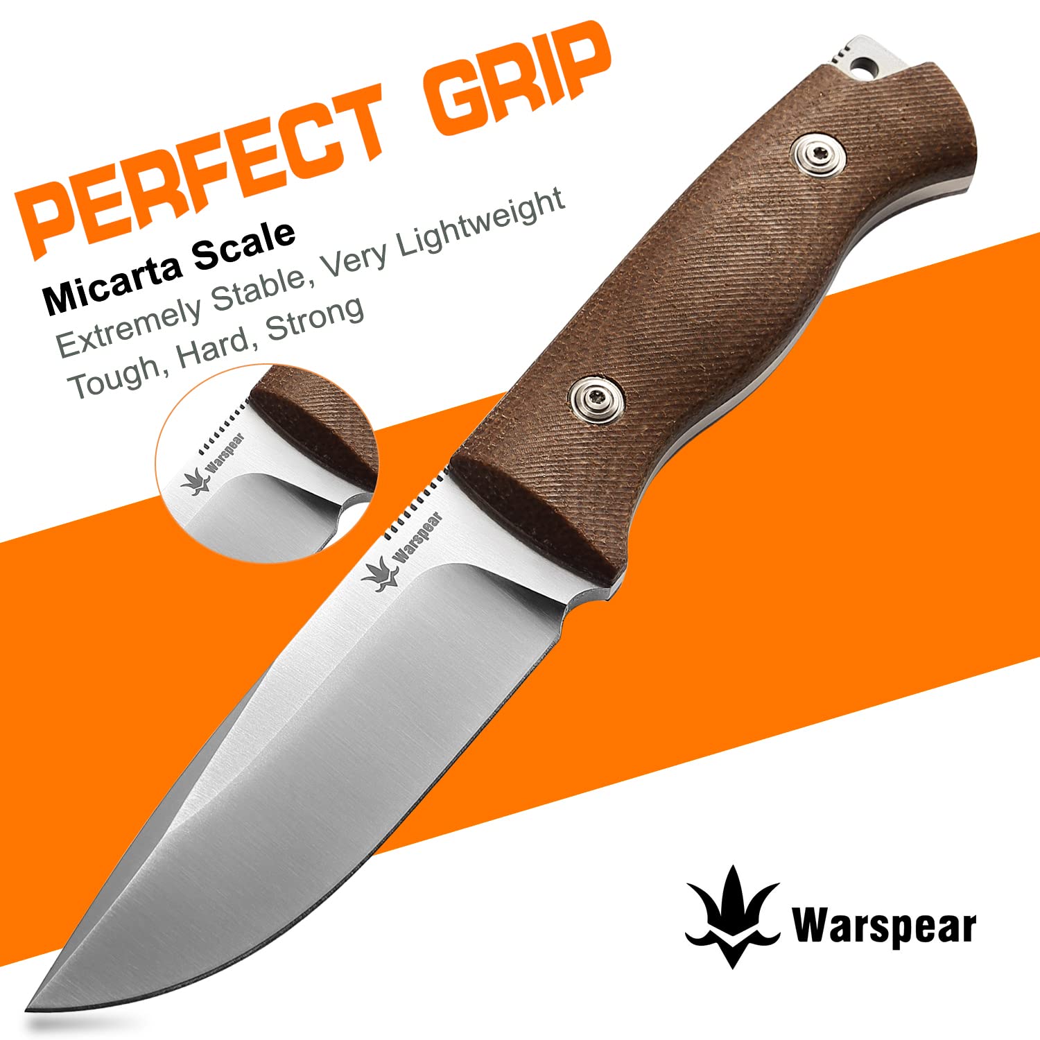 Warspear Fixed Blade Hunting Knife with Kydex Sheath D2 Steel Tactical Knife Outdoor Camping Survival Knife with Micarta Handle