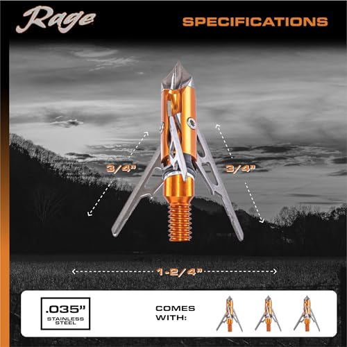 Rage 3 Blade Chisel Tip X Crossbow Broadhead 1.6" Cut, Orange (60200)