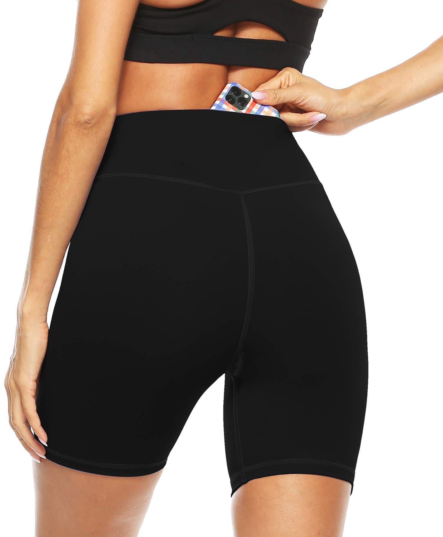 PERSIT Women's High Waist Print Workout Yoga Shorts with 2 Hidden Pockets, Non See-Through Tummy Control Athletic Shorts Black