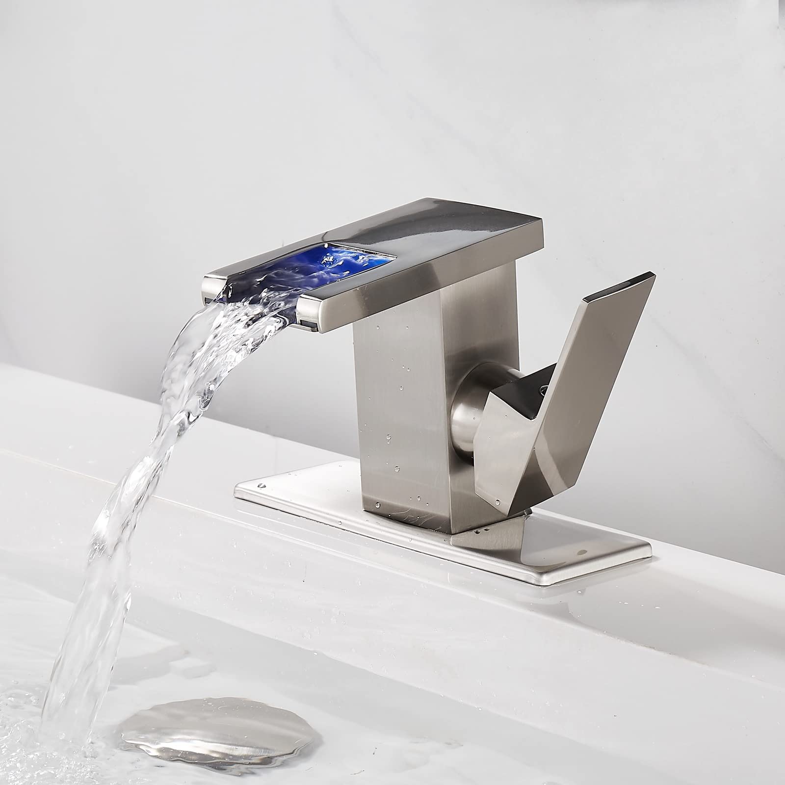 Skybathjoy LED Bathroom Sink Faucet Waterfall with Drian Assembly 1 Hole Brushed Nickel Single Hole Handle RV Bath Vanity Faucets for Sinks 1 Hole Water Supply Lines, Stainless Steel Spout