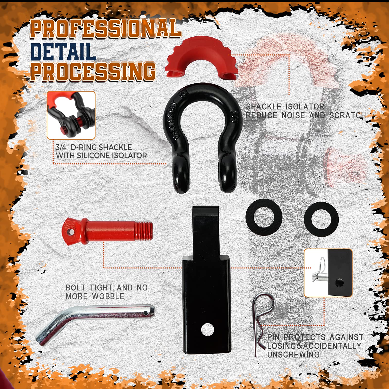 ORCISH 6 Recovery Shackle Block Assembly 2 INCH Double Hole Powder Coat RED - Hitch Receiver Block - Proudly Made in The USA with US Certified Materials - Includes Hitch pin and D-Ring