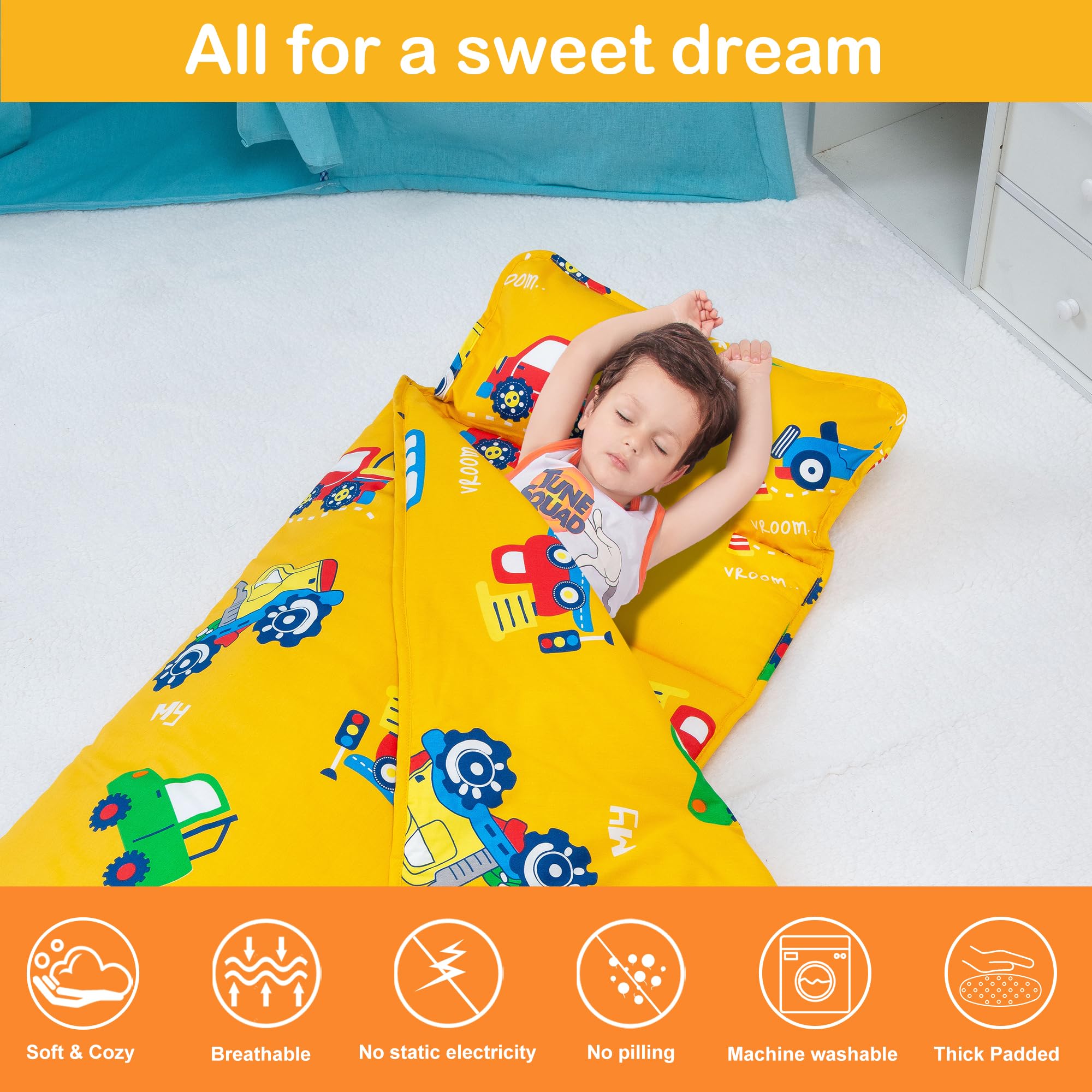 Rossison Nap Mat with Pillow and Blanket 100% Cotton with Microfiber Fill, Padded Sleeping Mat, for Daycare Preschool Toddler Prek Boys Kids (Tractor, Standard-50 x20)