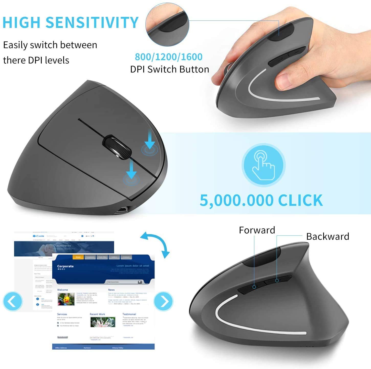 Rechargeable Wireless Vertical Ergonomic Mouse, 2.4G USB Optical Vertical Mouse with 3 Adjustable DPI 800/1200/1600 Levels 6 Buttons for Computer, Laptop, PC, MacBook- Black