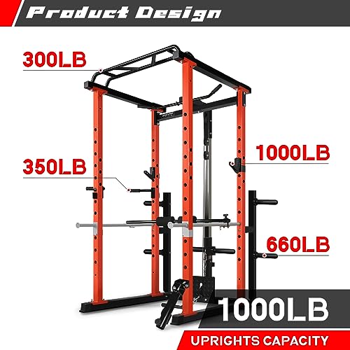 RitFit Power Cage with LAT Pull Down and 360° Landmine, 1000LB Capacity Power Rack Full Home Gym for Weightlifting, Come with J-Cups,Dip Bars and Other Attachments (2023 Version PPC02)-Orange